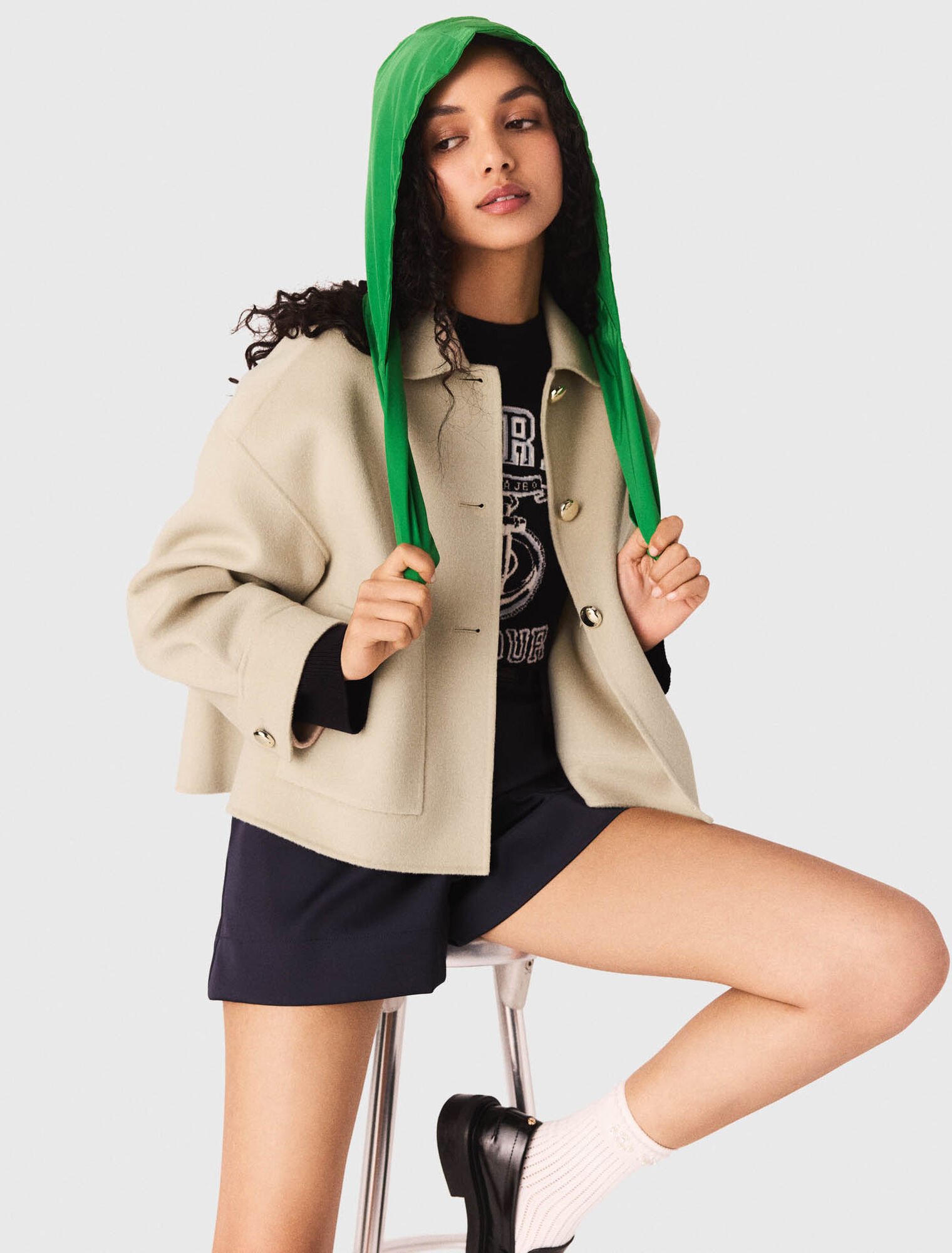 Tie-up waterproof hood Green For Women | Maje