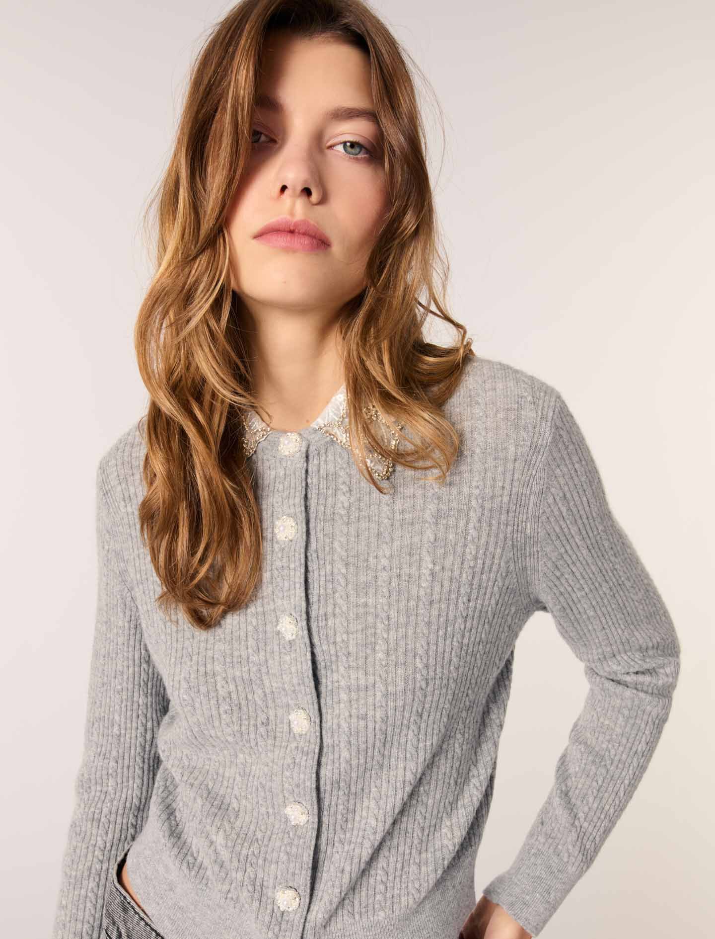 Cardigan with removable collar Black / Gray For Women | Maje Cardigan with removable collar Black / Gray For Women | Maje