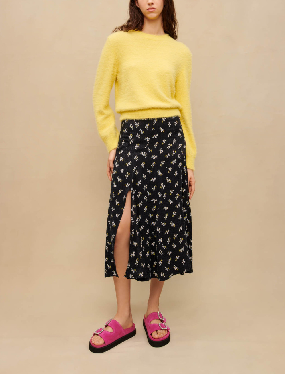 Yellow fluffy round-neck sweater Yellow / Orange For Women | Maje